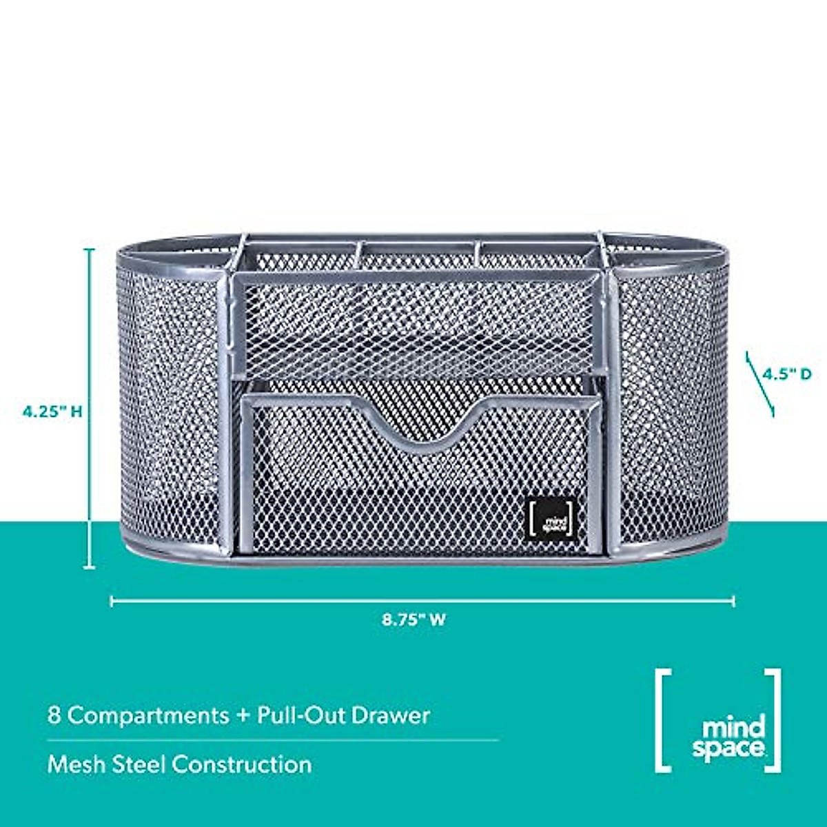 Mindspace Office Desk Organizer with 8 Compartments + Drawer | Desk Caddy Pen Holder For Office Accessories | The Mesh Collection, Silver