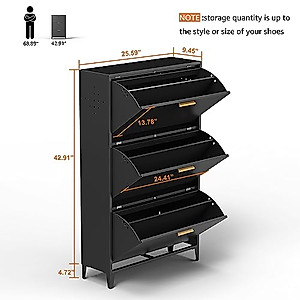 Omethey Shoe Cabinet with 3 Flip Drawers, Wall Mount & Floor Mount Shoe Organizer, All Steel Black Narrow Shoe Storage Cabinet for Entryway, Hallway and Corridor