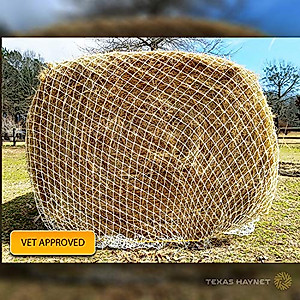 Texas Haynet - Heavy Gauge Round Bale Hay Net - Thick Net Slow Feeder for Horses - Nylon Net (Made Twice as Thick) - Easily Fits Bales [4x4-6x6]” or [3x3x8-4x4x8] 2.25” Holes