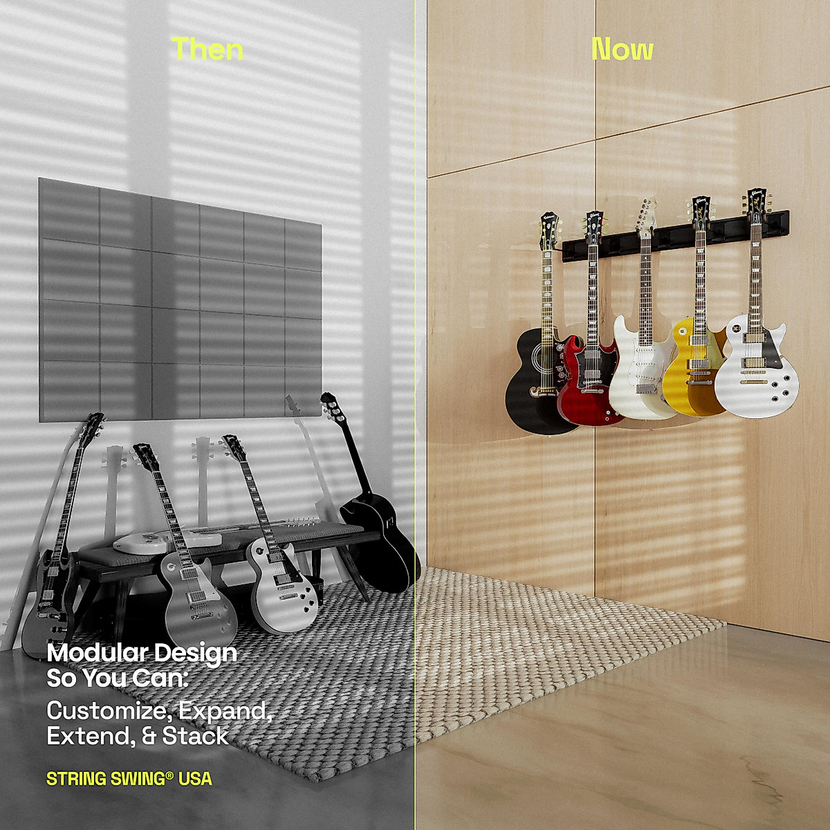 String Swing Guitar Wall Rack, Multiple Guitar Wall Mount, Guitar Organizer for Acoustic & Electric Guitars, 5 Padded Arm Hangers & Black Slatwall Rail, Wall Mount Guitar Rack - Made in USA