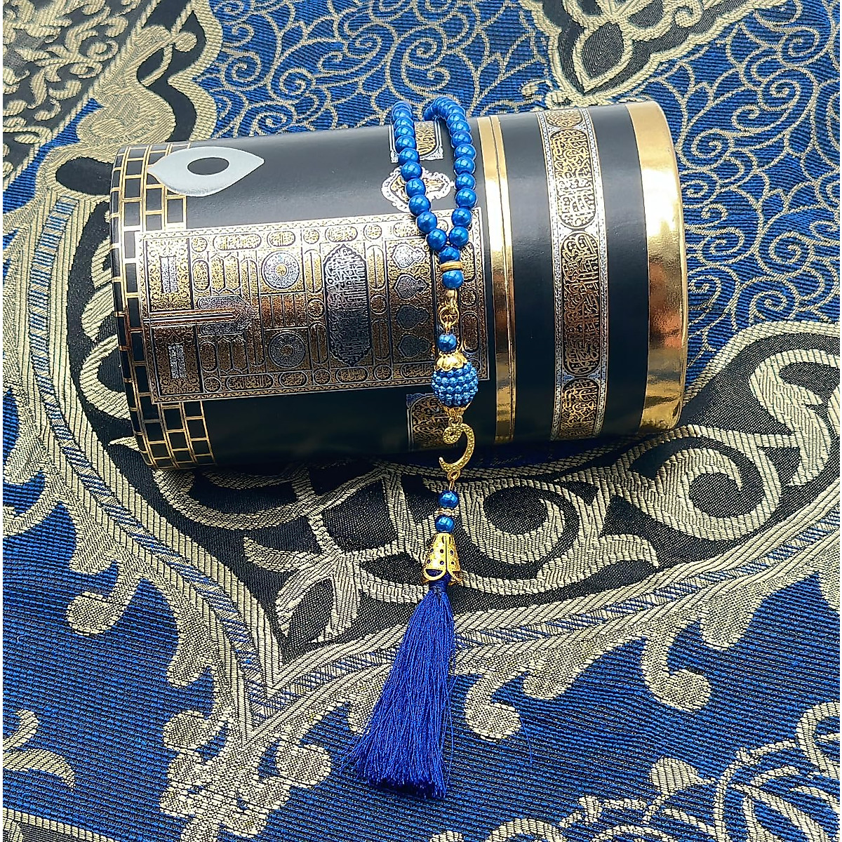 Kapobia Muslim Prayer Rug Islam and Beads, Kaabe Design Box Eid Ramadan Gifts Islamic Set Carnal Salah Mat Taffeta Fabric Black Soft Prayer Mats Men and Women (Blue)