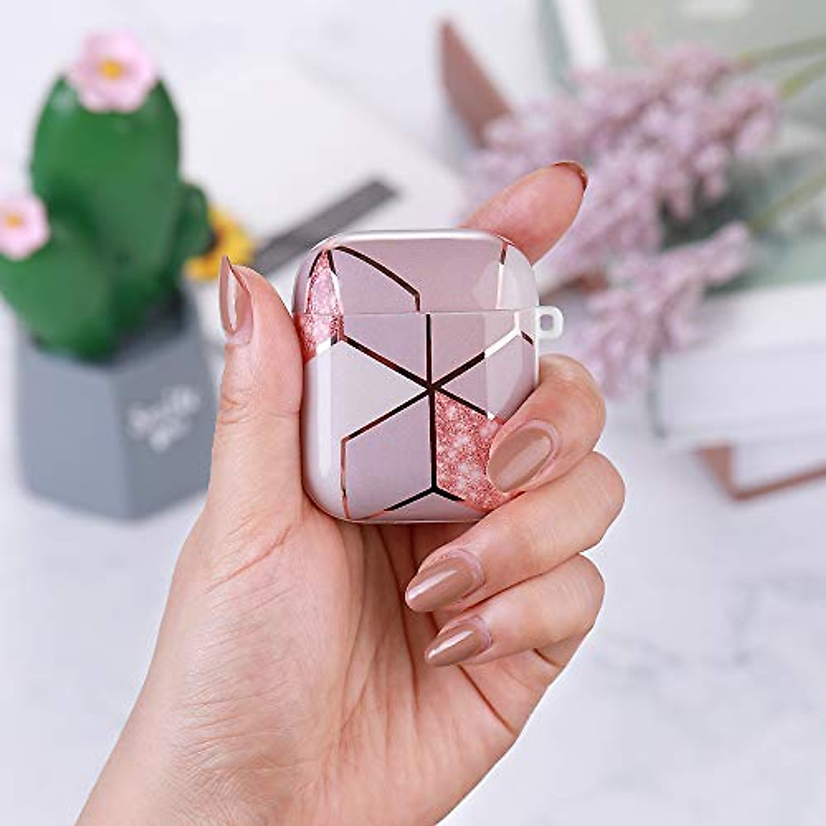 Hamile Compatible with Airpods Case Cover Cute 2-Peice Case for Apple Airpods 2 & 1, Fadeless Shockproof Hard Case Cover with Portable Keychain for Girls Women Men - Pink Geometric