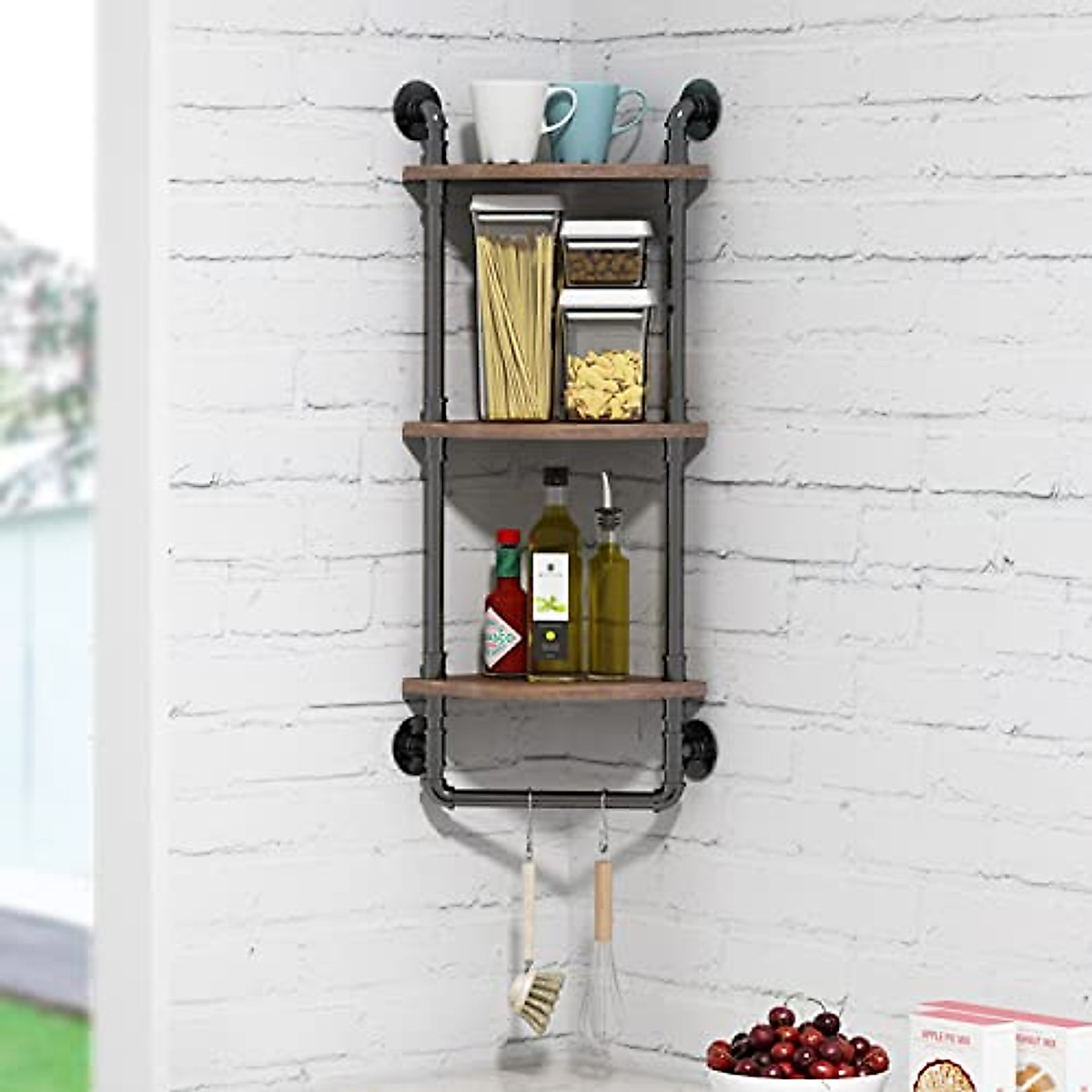 MCleanPin Industrial Pipe Corner Shelving,Rustic Corner Shelf Wall Mount, Corner Floating Shelf 3-Tiers Bathroom Pipe Shelves,Industrial Pipe Wood Shelves