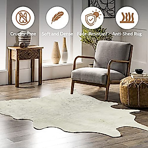 Luxe Faux Cowhide Rug for Rustic and Western Decor | Low Pile Faux Fur Rug with Off White Cow Print | Cruelty-Free Fade Resistant Living Room Rugs | 4-1/4 x 5 ft