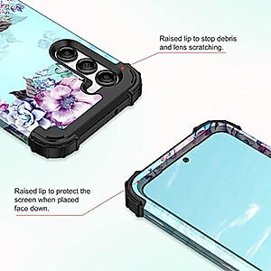 Casetego Compatible with Galaxy S23 5G Case,Floral Shockproof Three Layer Heavy Duty Protective[2 Pcs Tempered Screen Protector+2 Pcs Camera Lens Protector] Case for Samsung Galaxy S23,Blue Flower