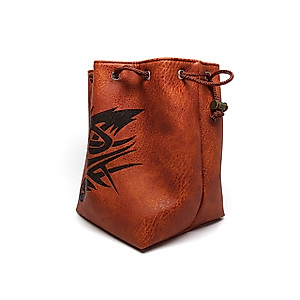 Brown Leather Lite Large Dice Bag with Wolf Design - Brown Faux Leather Exterior with Lined Interior - Stands Up on its Own and Holds 400 16mm Polyhedral Dice