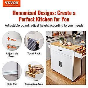 VEVOR Kitchen Island Cart with Solid Wood Top, 35.4" Width Mobile Carts with Storage Cabinet, Rolling Kitchen Table with Spice Rack, Towel Rack, Drop Leaf and Drawer, Portable Islands on Wheels, White