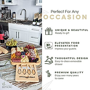 Bamboo Cheese Board and Knife Set - Includes a Secret Drawer with Stainless Steel Fork and Cheese Knife Set for Charcuterie Board Party Serving Tray - Thoughtful Wedding Anniversary Housewarming Gifts