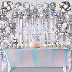 Iridescent Birthday Party Decoration Set 78Pcs, Disco Groovy 60s 70s Party Supplies Silver Party Decors include Disco Ball Banner Balloon Garland Arch Tablecloth Fringe Curtain Cake Topper Set