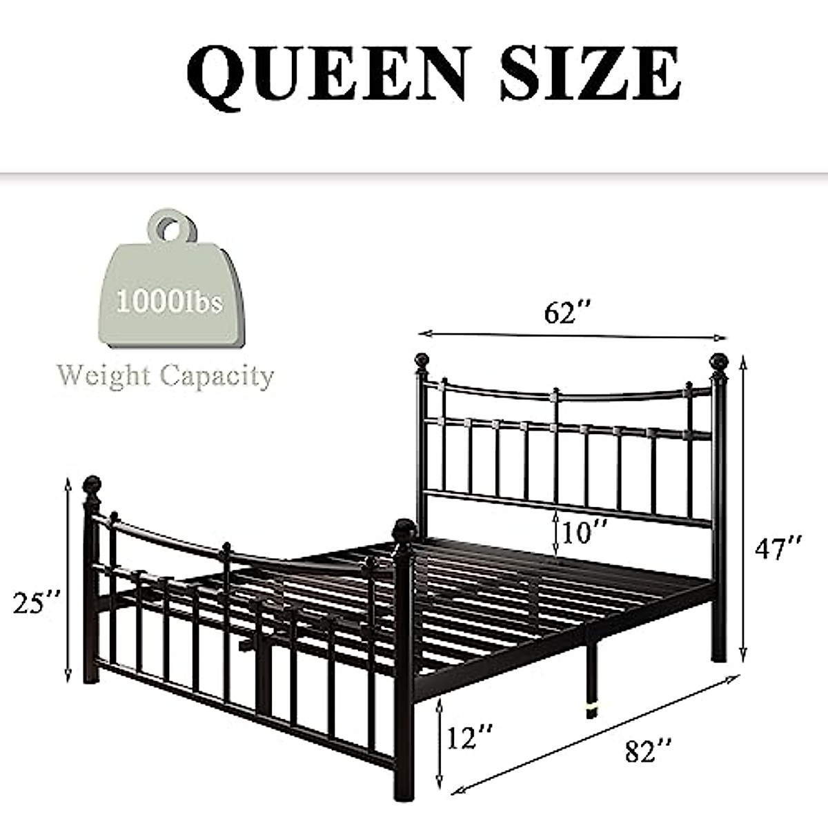 iPormis Metal Queen Bed Frame with Iron-Art Headboard, Heavy Duty Metal Platform Bed Frame with 14 Steel Slats Support, No Box Spring Needed, Noise-Free, Easy Assembly, Queen