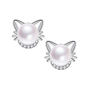 Sterling Silver Cat Earrings Freshwater Pearl Stud Earrings for Women