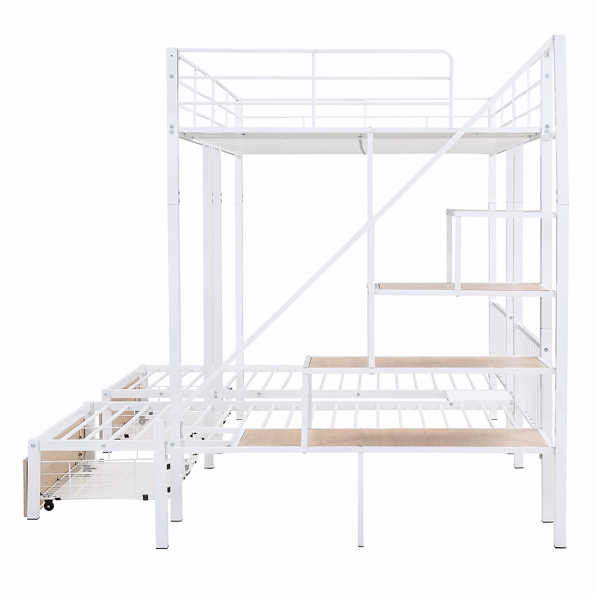 BIADNBZ Full Over Twin & Twin Triple Bunk Bed for 3,L-Shaped Metal Detachable Bunkbed Frame with Storage Stairs and 2 Drawers for Kids Teens Adults Bedroom,Space-Saving,White