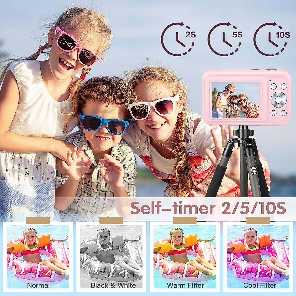 DGVDO Upgraded Pink Digital Camera, 2nd Gen FHD 1080P Digital Camera for Kids with 32GB Card, Video Anti-Shake, Portable Point and Shoot Camera Fill Flash 16X Zoom, Mini Camera DC406-Pink