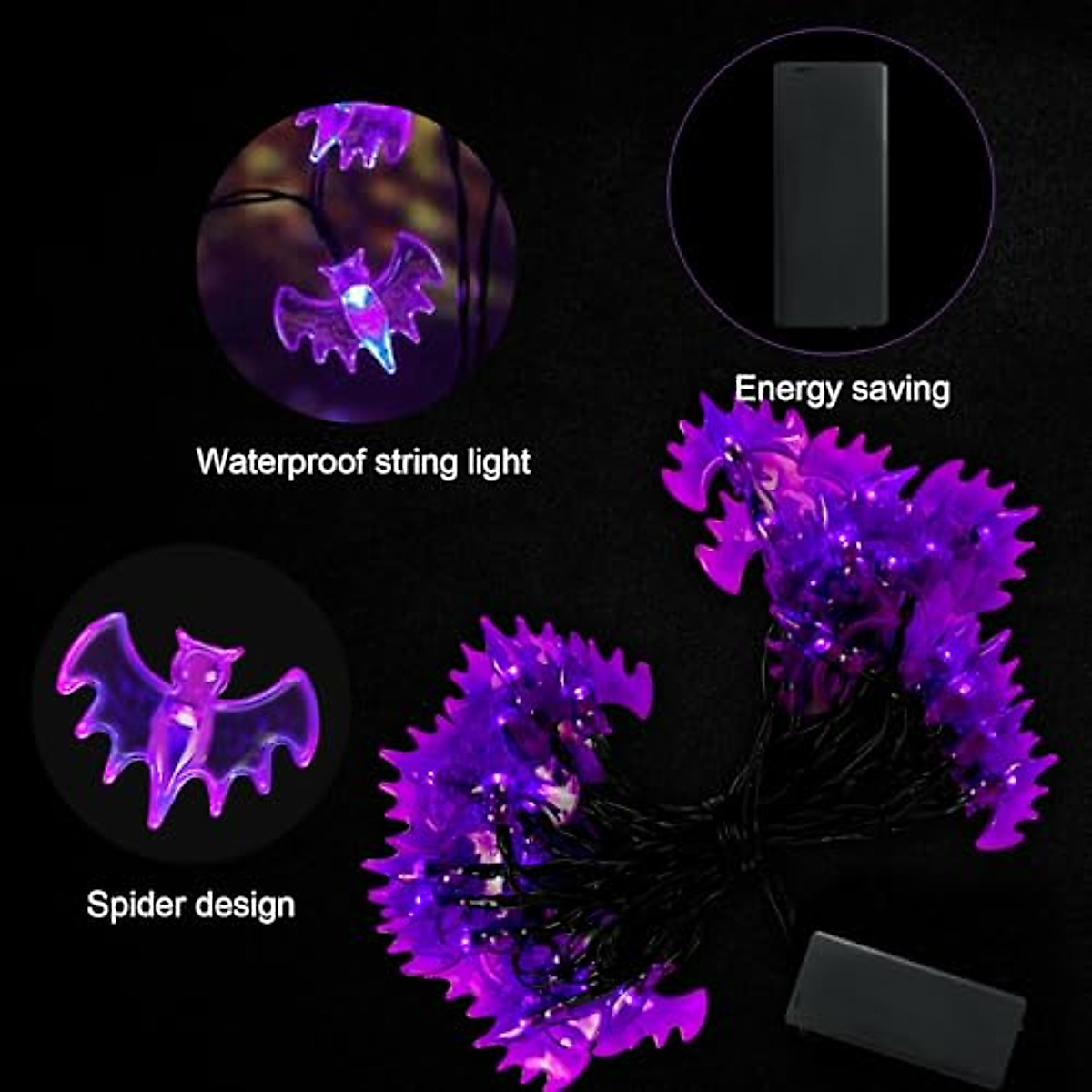 cyindzchwy 2 Pack Halloween Bat Lights, Battery Operated Purple Fairy Lights with 2 Modes, Purple Bat Lights with 20 LEDs, Halloween Lights for Home Door Porch Party Decorations