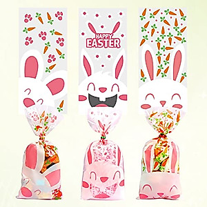 LOMIMOS Easter Cellophane Treat Bags,Rabbit Candy Cookie Packing Bags with Twist Ties, 90pcs