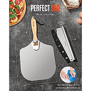 Pizza Peel Aluminum Pizza Spatula, Mooues 12 inch Metal Pizza Paddle(12"x 14")with Rocker Cutter Foldable Wood Handle, [Storage bag included], for Family Pizza Oven Baking Pizza, Dough, Bread & Pastry