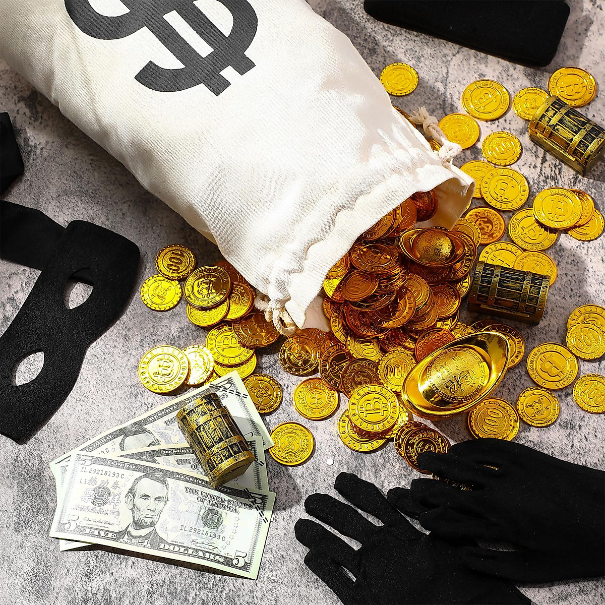 Ramede 32 Pcs Halloween Costume Set, Include Dollar Sign Canvas Bags, Robber Mask, Knit Beanie, Black Robber Gloves for Halloween Outfit Cosplay Bandit Burglar Theme Party Supplies