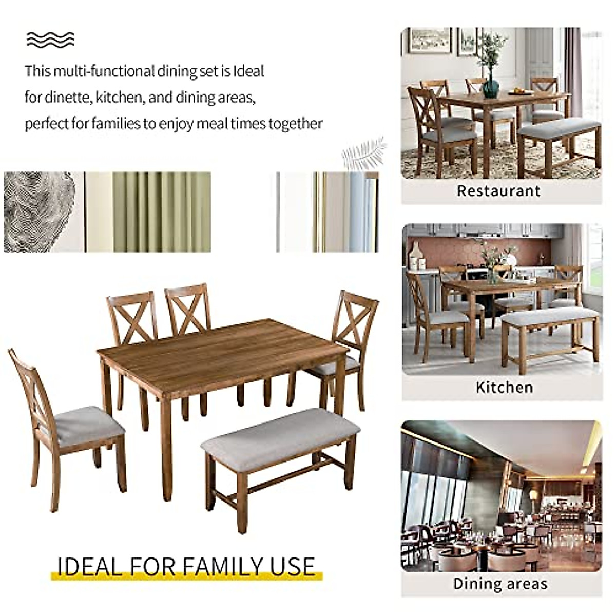 Merax 6-Piece Wooden Dining Rectangular Table Set, 4 Chairs and Bench with Cushion, Kitchen Family Furniture, Natural Cherry + Beige