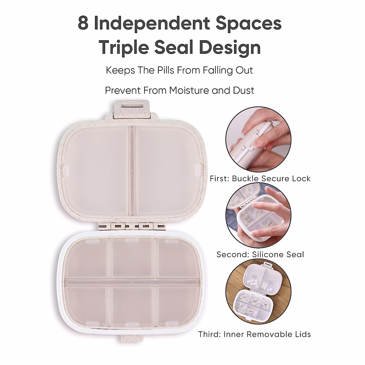 Holii Travel Pill Organizer, 8 Compartments Portable Pill Case, Daily Pill Box to Hold Vitamins, Small Pill Container for Pocket Purse Medicine Organizer（Khaki）