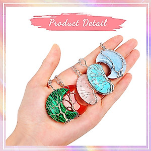 Sherr 15 Pcs Life Tree Crescent Moon Necklace Wire Wrap Natural Gemstones Pendant Healing Crystal Necklaces Reiki Spiritual Multicolored Jewelry Christmas Gift for Women