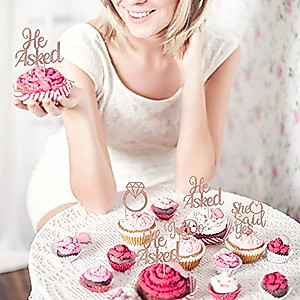 30 Pack He Asked She Said Yes Cupcake Toppers Glitter Heart Ring I do Cupcake Picks Bridal Shower Cake Decorations for Wedding Engagement Theme Party Supplies Rose Gold