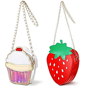 Cindeer 2 Pcs Girls Strawberry Purse Bag Cupcake Purse Bag Kawaii Food Fruit Purse Chain PU Phone Shoulder Wallet Crossbody Handbag for Women