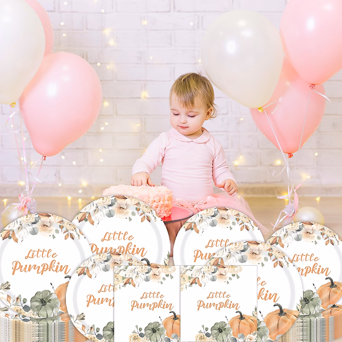 96 PCS Little Pumpkin Baby Shower Tableware Sets Party Decorations Fall Autumn Pumpkin Paper Plates Napkins Forks Pumpkin Floral Birthday Party Supplies for 24 Guests