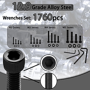 1760PCS Metric Screw Assortment M2 M3 M4 M5, Grade 12.9 Alloy Steel Hex Socket Head Cap Metric Bolts and Nuts Assortment Kit, Metric Screw Nuts and Bolts Flat&Lock Washers Set, 4 Hex Wrenches Included