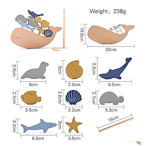 Wooden Stacking Marine Animals Toys for Kids 3-5, Magnetic Fishing Toys, 9 Piece Balance Toy Stacking Toys Gifts for 3 4 5 Year Old Childrens Montessori Toys for Boys & Girls, Fine Motor Skills