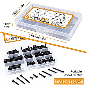 VIGRUE 175 Pcs #8 Wood Screws Black Oxide Coated Stainless Steel Flat Head Phillips Drywall Screw Assortment Kit, Self Tapping Screws Kit
