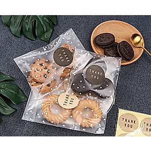 YunKo 200PACK Self Adhesive Cookie Bags Cellophane Treat Bags with Labels for Candy Cookie Chocolate Small Valentine Gift Bags (White Polka Dot,5.5x5.5inch)