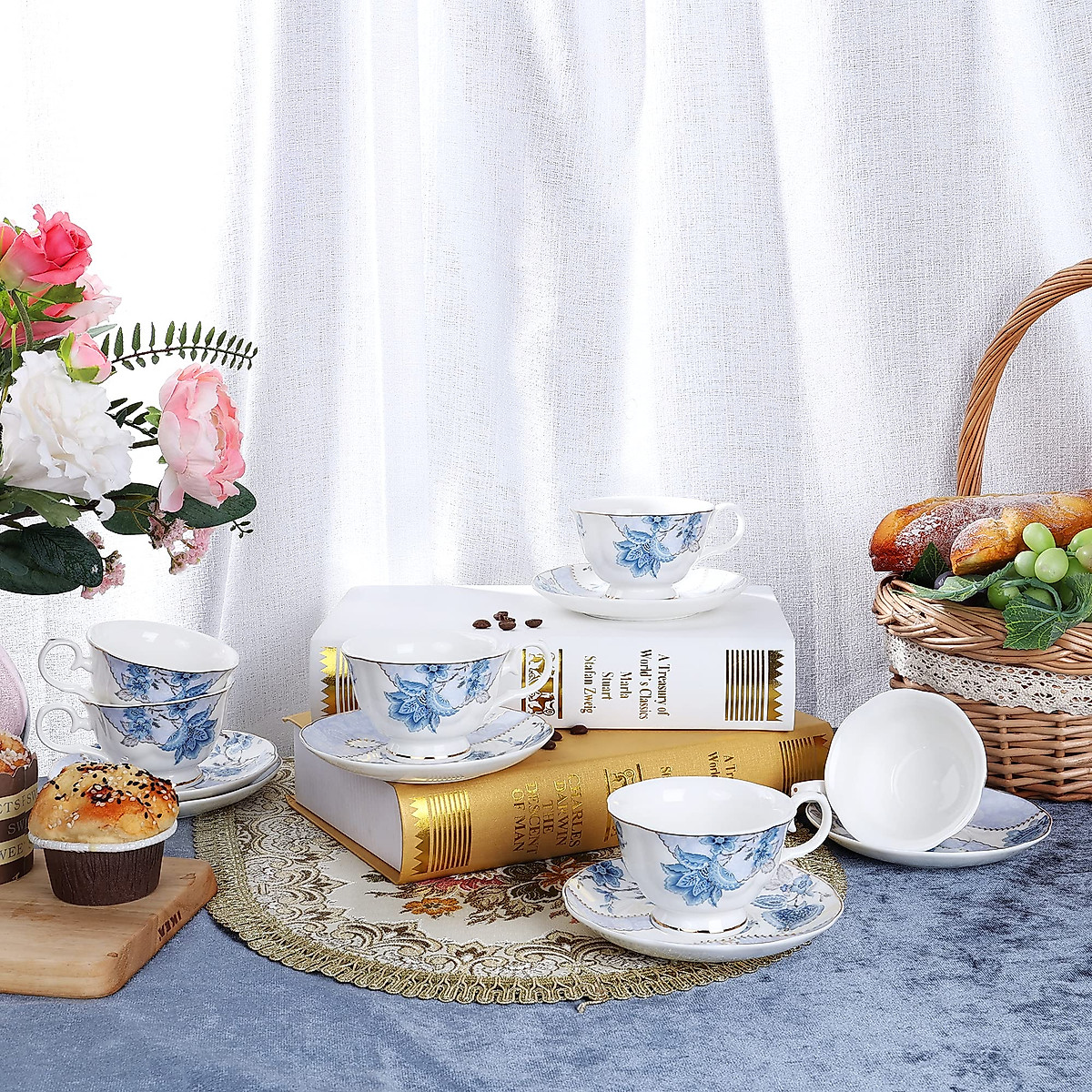 fanquare Floral Coffee Cups Set of 6(5 oz), Porcelain Cappuccino Cups with Saucers, Tea Cup for Birthday Wedding Party, Blue