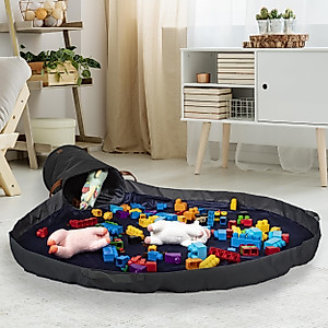 Toy Storage Basket and Playmat - Large Toy Blanket Storage Mat with Zippers - Slide Away Canvas Bag Storage Bin - Sturdy Kids Storage Baskets & Mat - Toy Bag Play Mat For Girls & Boys, Dark Charcoal