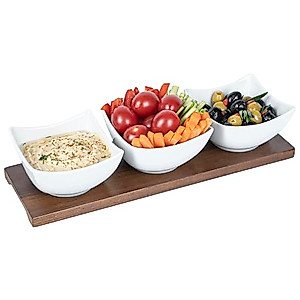 Restaurantware 15 Ounce Bowl Set with Tray - 1 Dishwashable Serving Set Includes 3 Porcelain Bowls And 1 Bamboo Tray Durable White Porcelain And Bamboo Bowl And Tray Set Reusable Freezable