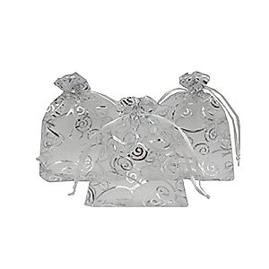 Ankirol 100pcs Sheer Organza Favor Bags for Wedding Baby Shower Rattan Print Gift Bags Samples Display Drawstring Pouches (4x6, Silver)