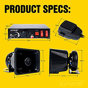 Xprite 200 Watt 8 Tones Emergency Warning Siren Speaker PA System Kit w/Handheld Microphone & Light Control Switches for Police Cars