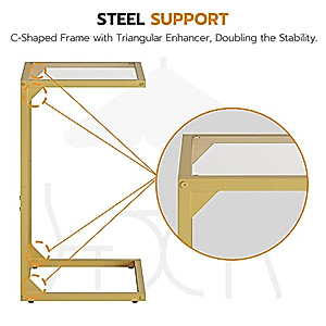 HOOBRO C-Shaped End Table, Tempered Glass Couch Table with Metal Frame, Narrow Snack Side Table for Small Space, Living Room, Bedroom, Modern and Simple, Gold GD04SF01
