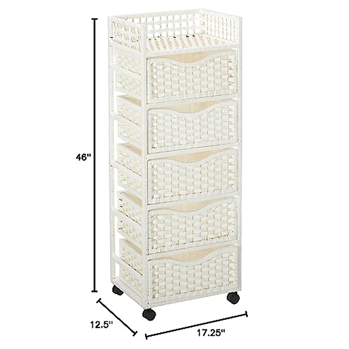 Oriental Furniture 46" Natural Fiber Chest of Drawers on Wheels - White