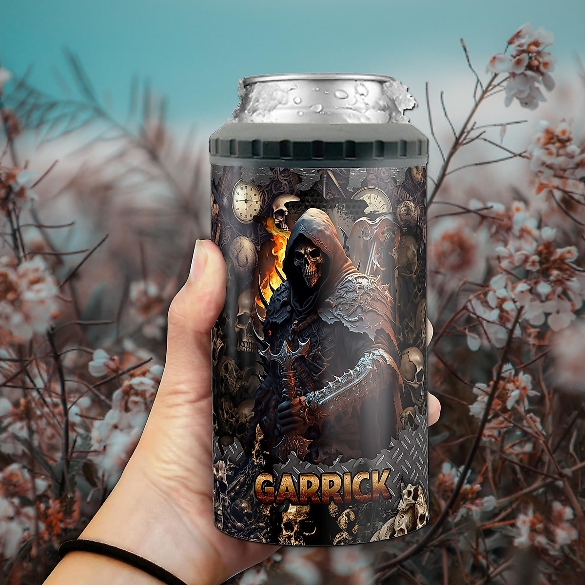 Personalized Skull Can Cooler 4 in 1 Holder Cup with Lid Customized Name Who Love Skulls 16oz Beer Drinking Gifts for Men Birthday Fathers Day