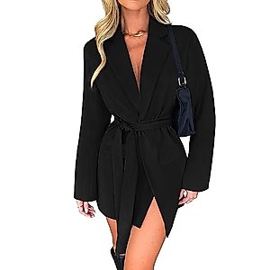 ZESICA Women's 2023 Blazers Long Sleeve Lapel Open Front Oversized Business Work Office Jackets Blazer with Belt,Black,Medium
