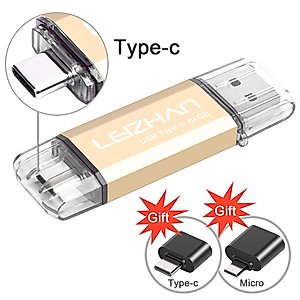 leizhan USB C Thumb Drive 64GB, Type C USB Memory Stick for Samsung Galaxy S10,S9, Note 9, S8, S8 Plus,Google Pixel XL, with USB OTG Adapter Micro and Type-C USB to USB Converter