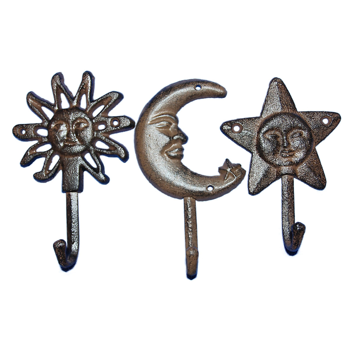 Set of 3 Cast Iron Sun, Moon and Star Wall Hooks for Entryways or Any Hanging Storage Location You Need a Handy Hook. Heavy Duty and Durable!