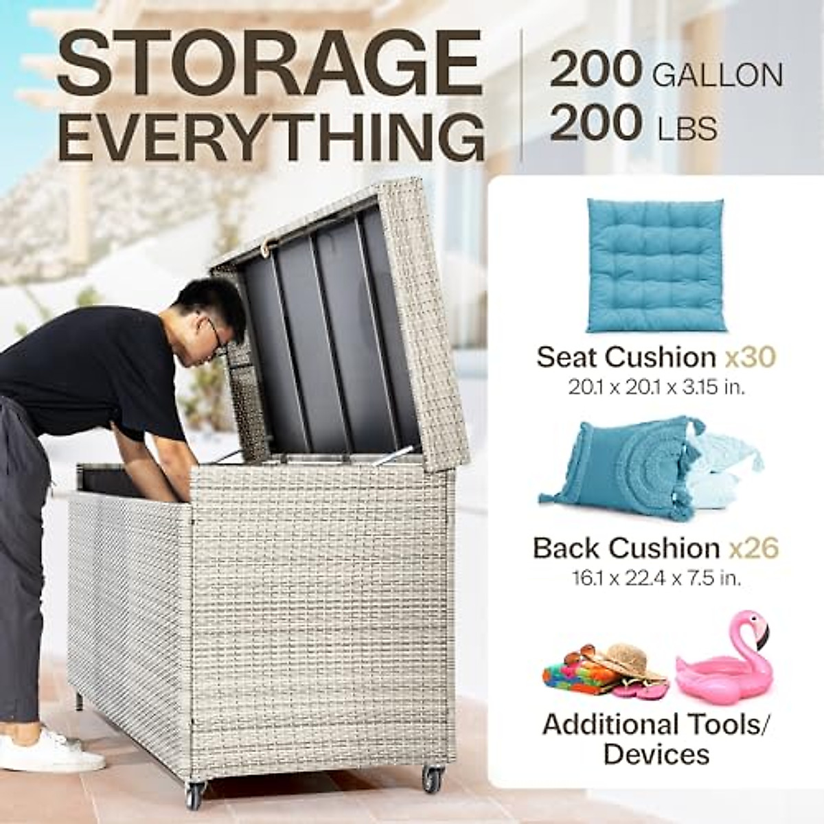 Idzo Outdoor Wicker Storage Box, 1000 Hours UV Wicker Cushion Storage Box for Patio Durable Against Weather, 200 Gallon Extra Large Deck Box, Soft-Close Hinge Included - Light Gray