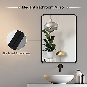 Black Bathroom Mirror for Wall, 24" x 36" Black Metal Framed Rounded Rectangle Mirror, Matte Black Vanity Mirror Farmhouse, Anti-Rust, HD Float Glass, Hangs Horizontal or Vertical