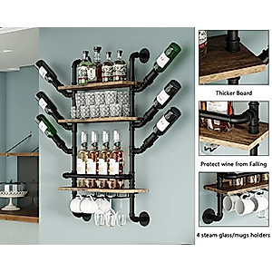 MAIKAILUN Wine Rack Wall Mounted with 4 Stem Glass Holder, Industrial Bar Shelves 34in Metal Hanging Stemware Mugs Rack, Floating Pipe Shelf, Living Room Kitchen Decor Display Wood Rack Black