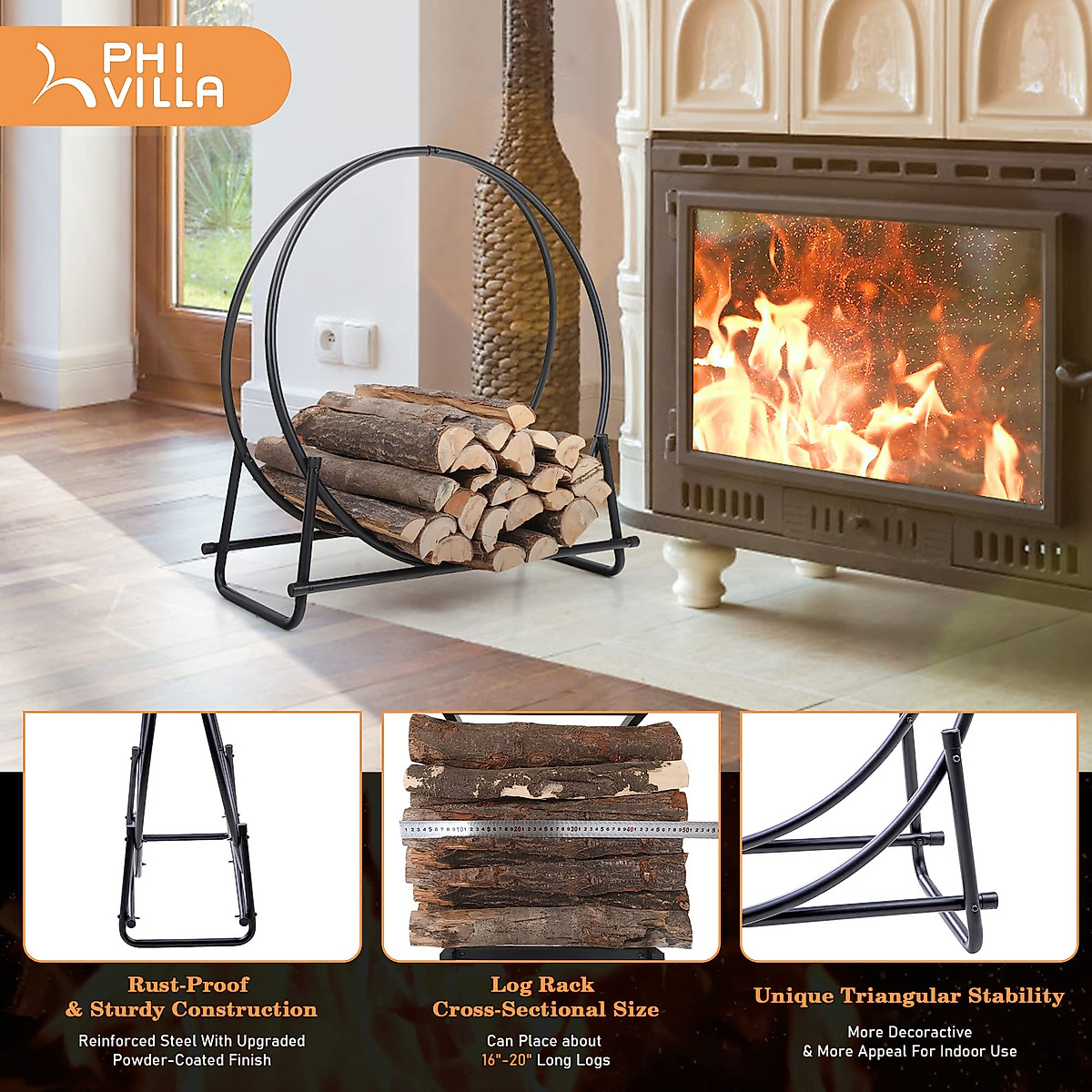 PHI VILLA 30 Inch Log Hoop Firewood Rack Curved Fireplace Wood Storage Holder Wood Stove Accessories,Indoor/Outdoor Heavy Duty Iron Black