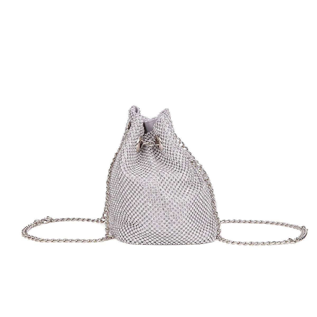 Olivia Miller Women's Fashion Round Pouch Evening Bag Silver Elegant Formal Crossbody Handbag Wedding Prom Party Purse w Mesh Dazzling Rhinestone