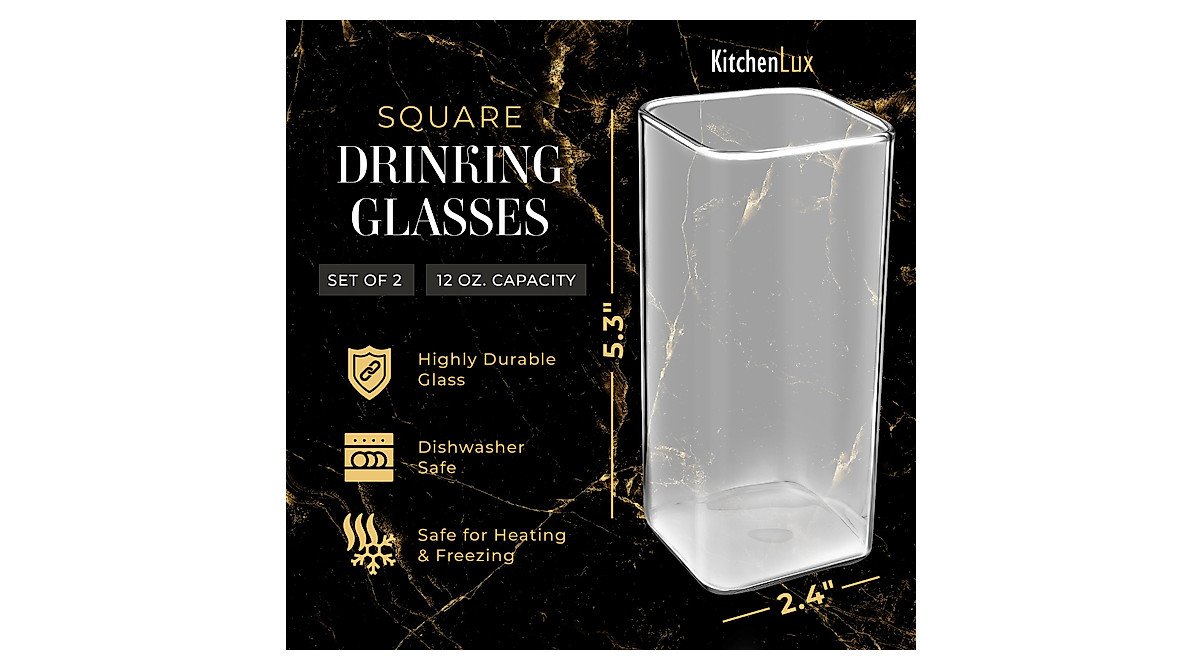 Kitchen Lux Square Drinking Glasses Set of 4 - Modern & Durable Glassware