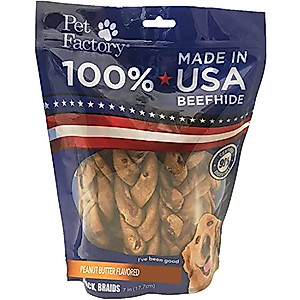 Pet Factory 100% Made in USA Beefhide 7" Braided Sticks Dog Chew Treats - Peanut Butter Flavor, 6 Count/1 Pack