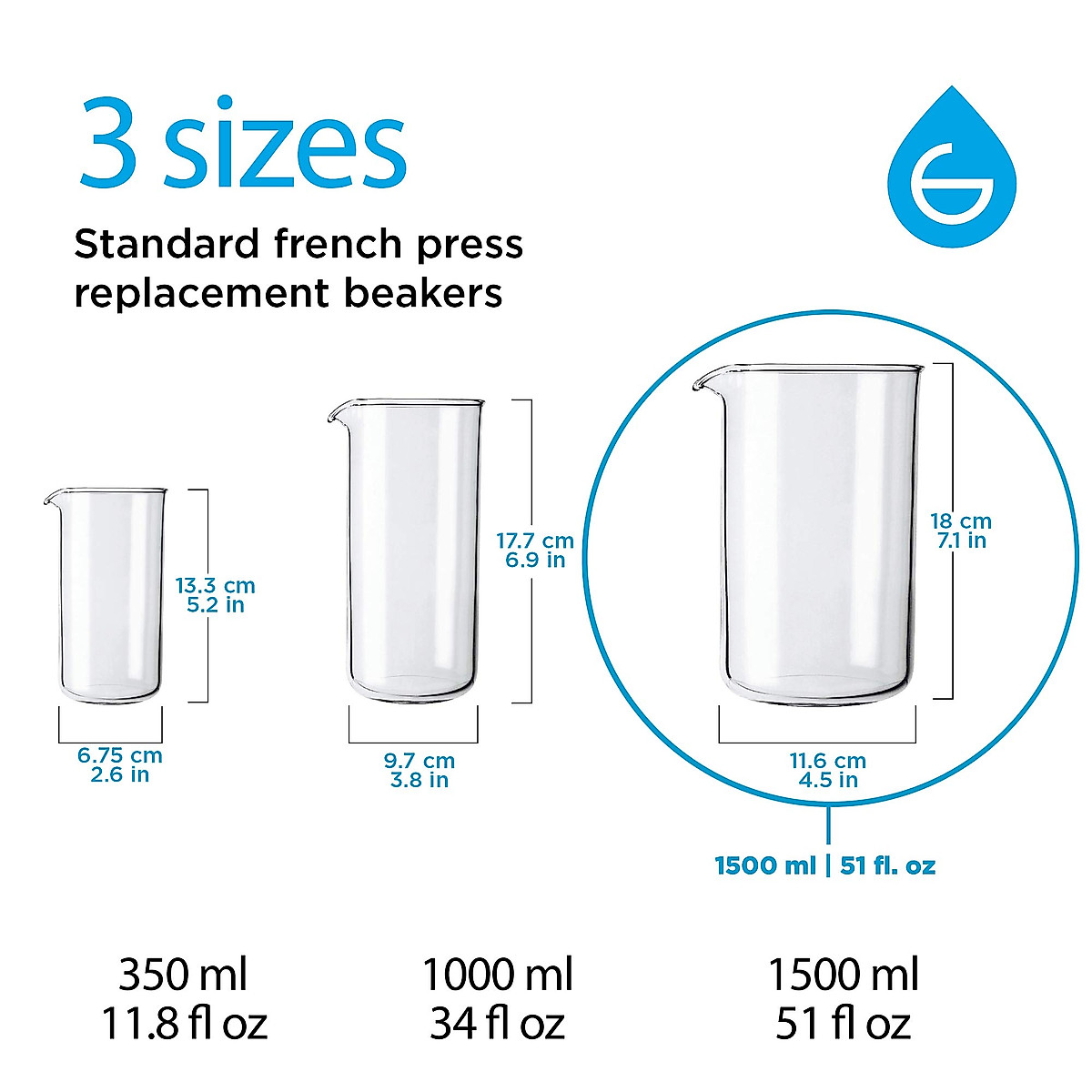 GROSCHE Borosilicate 3.3 Glass Universal Replacement Beaker for French Coffee and Tea Press Makers, 51 fl oz, Large